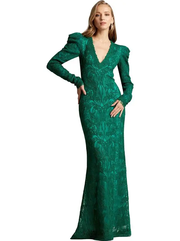Tadashi Shoji Sloane Gigot Sleeve Embroidered Gown - Pine