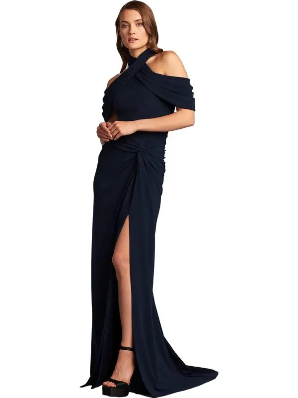 Tadashi Shoji Pruitt Draped Cold-shoulder Gown - Midnight