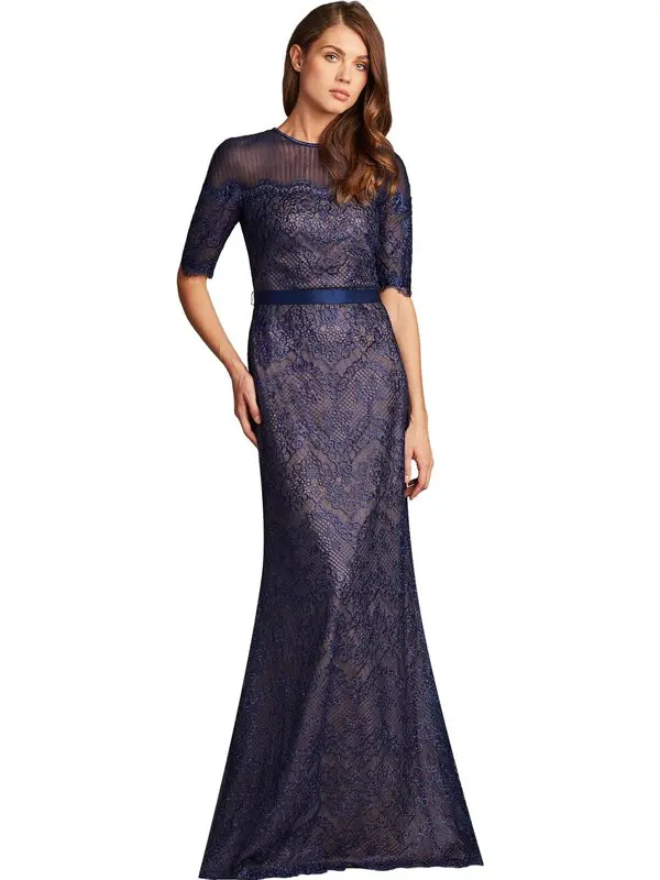 Tadashi Shoji Oden Belted Lace Gown - Navy