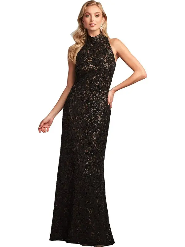 Tadashi Shoji Joy Sequin Embroidered Halter Gown - Black/nude