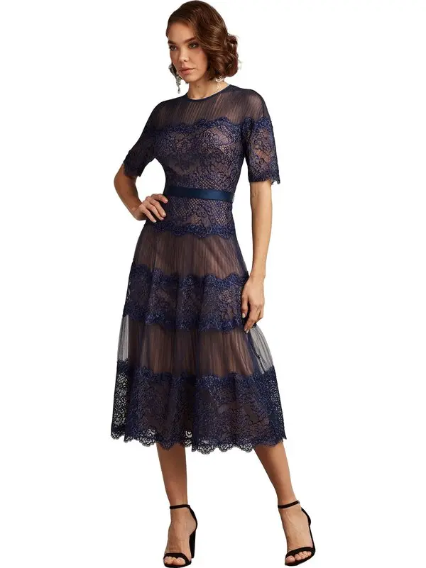 Tadashi Shoji Dona Pleated Tulle Midi Dress - Navy