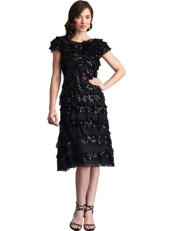 Tadashi Shoji Embellished Tiered Ruffle Dress - Black
