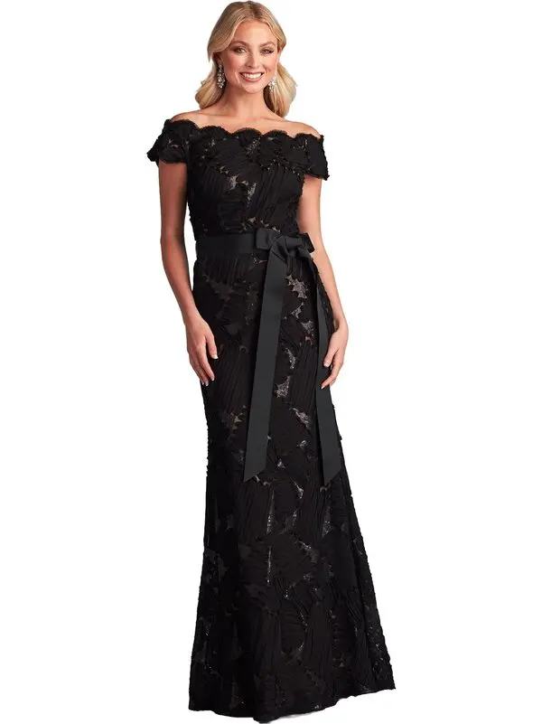 Tadashi Shoji Demie Embroidered Mini Paillette Gown - Black/nude