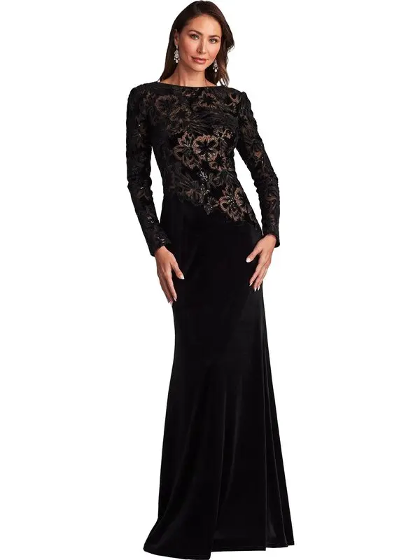 Tadashi Shoji Gatlin Sequin Burnout Velvet Gown - Black/nude