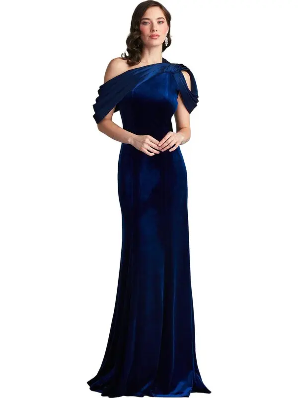 Tadashi Shoji Copley Shoulder Drape Velvet Gown - Navy