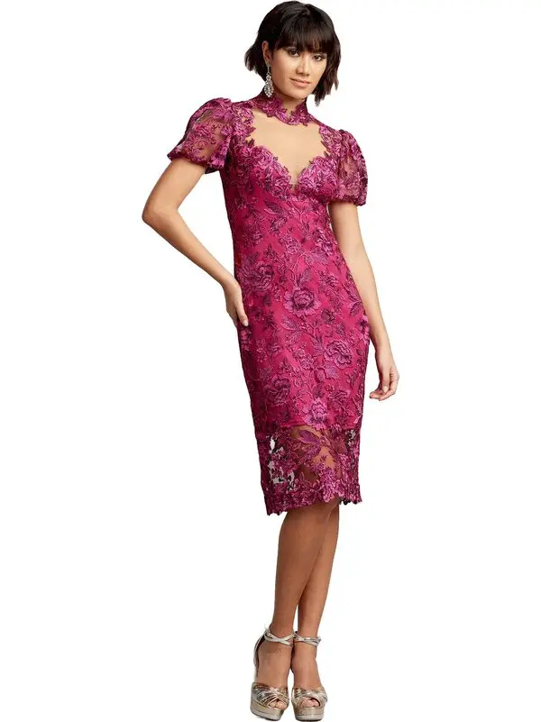 Tadashi Shoji Daniela Embroidered Illusion Dress - Magenta