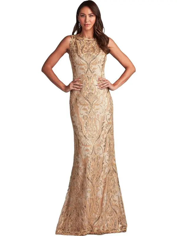 Tadashi Shoji Adola Sequin Embroidered Gown - Gold Dust