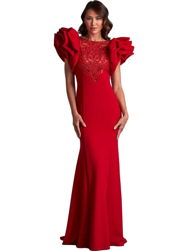 Tadashi Shoji Romilly Shoulder Ruffle Gown - Geranium