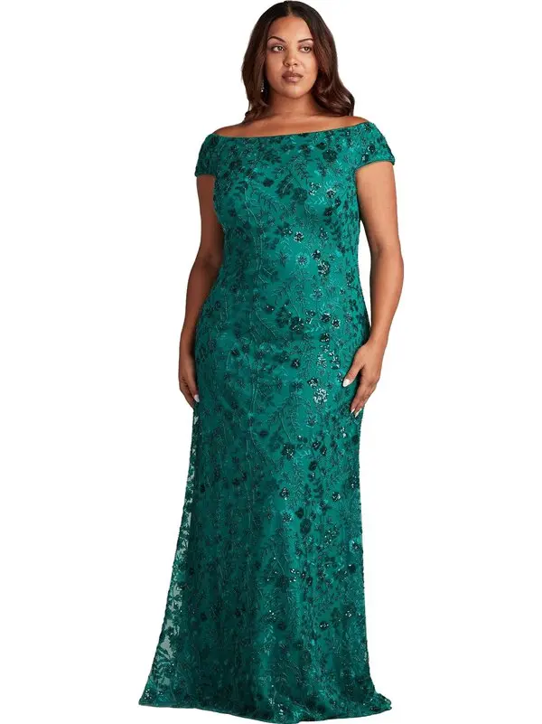 Tadashi Shoji Dublin Embellished Off-shoulder Gown Plus Size - Bamboo