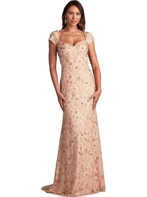 Tadashi Shoji Meraly Bead Embroidered Gown - Gold Dust