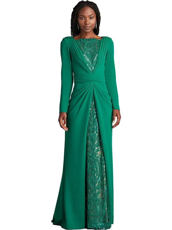 Tadashi Shoji Mariella Plunge Illusion Gown - Bamboo