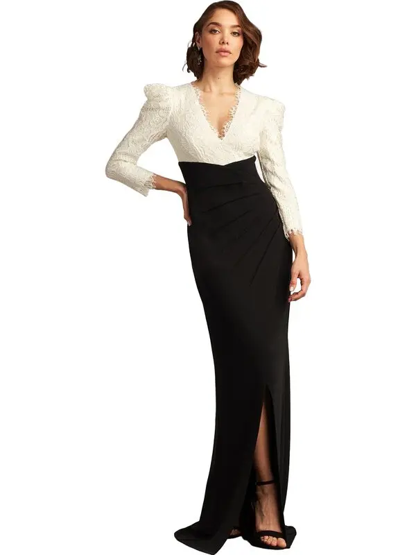 Tadashi Shoji Marshal Crepe & Lace Gown - Ivory/black
