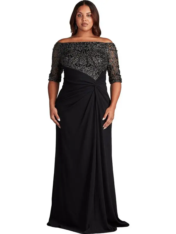 Tadashi Shoji Quinn Off-shoulder Draped Gown Plus Size - Silver/black