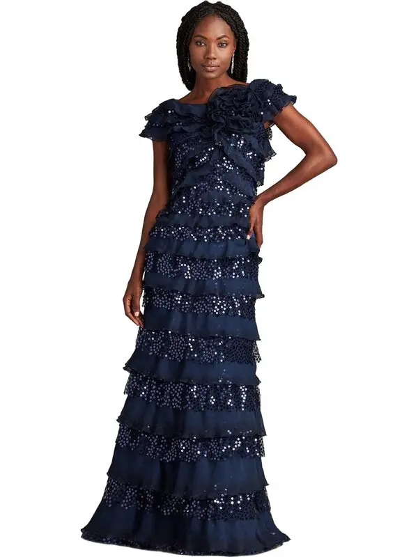 Tadashi Shoji Eston Embellished Tiered Ruffle Gown - Navy