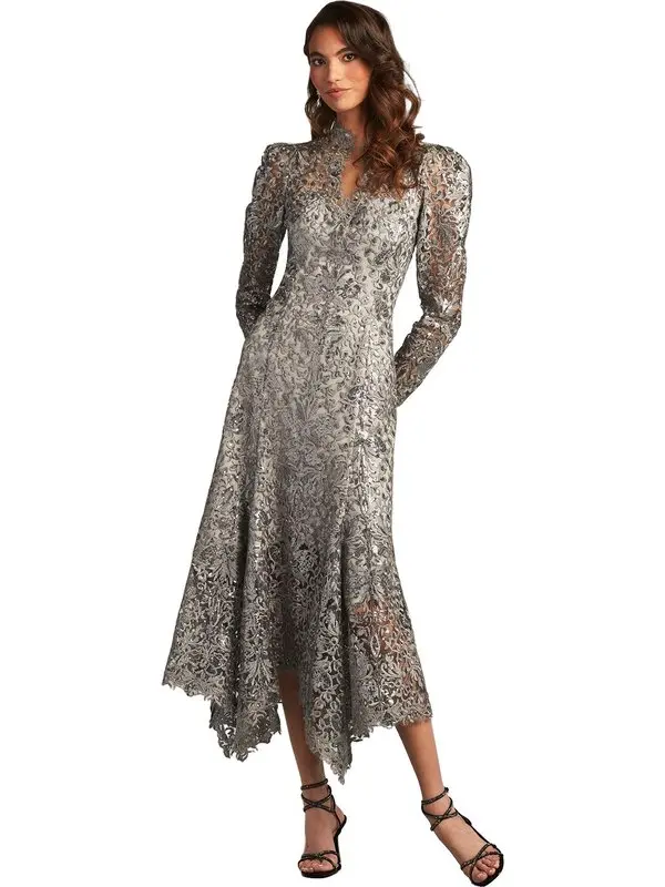 Tadashi Shoji Heiss Sequin Embroidered Illusion Midi Dress - Silver