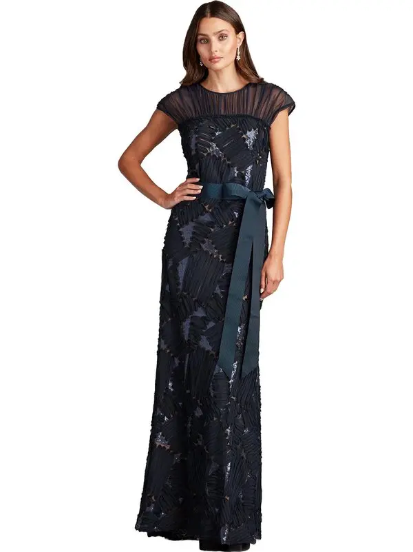 Tadashi Shoji Alma Ribbon Soutache Illusion Gown - Navy/nude