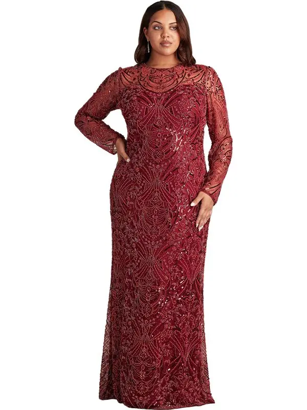 Tadashi Shoji Keziah Embellished Illusion Gown - Pomegranate