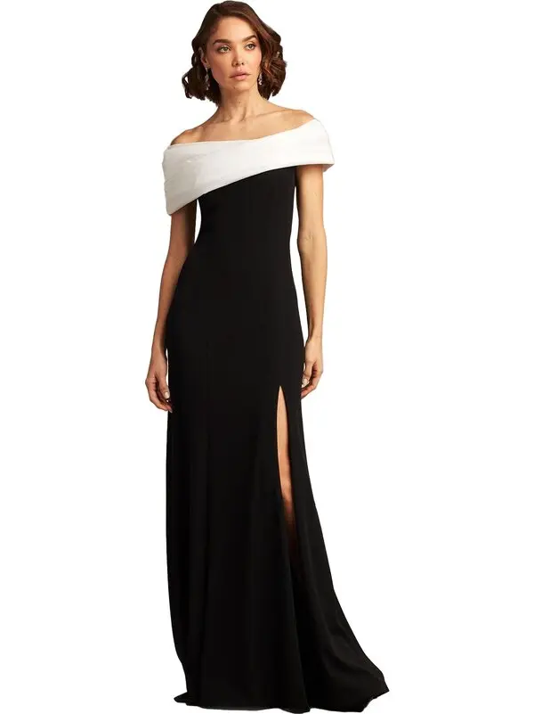 Tadashi Shoji Dalton Two-tone Off-shoulder Gown - Ivory/black
