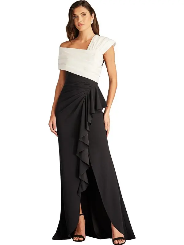 Tadashi Shoji Duke Asymmetric Draped Flounce Gown - Ivory/black