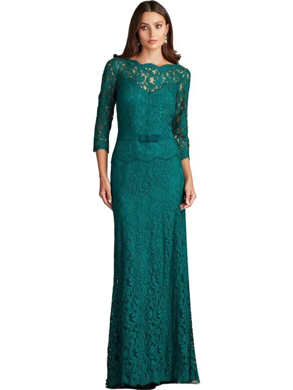 Tadashi Shoji Amberly Belted Lace ¾ Sleeve Gown - Elm