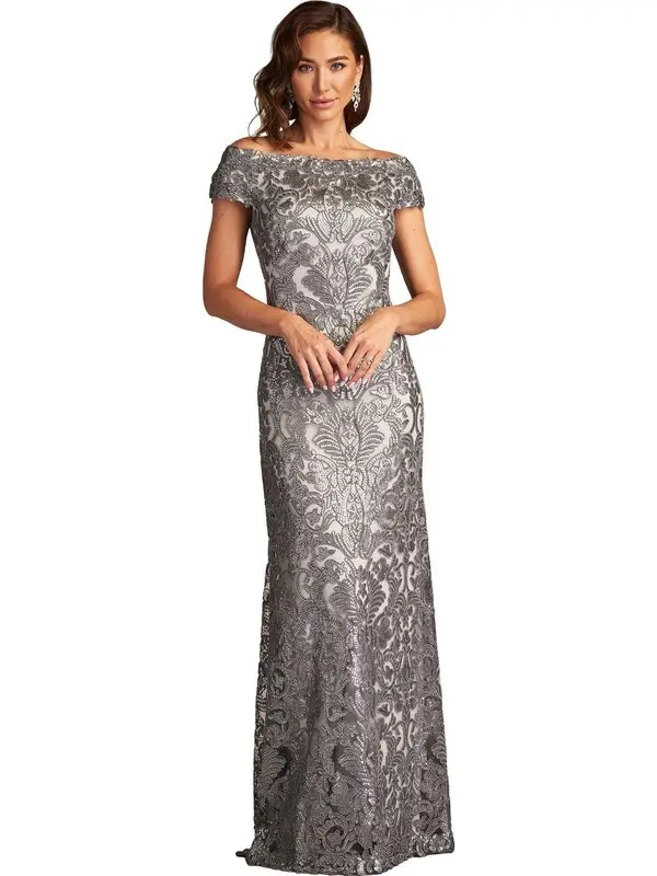 Tadashi Shoji Walsh Sequin Embroidered Tulle Gown - Frost Grey