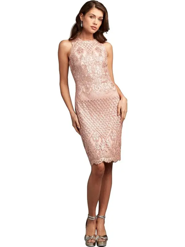 Tadashi Shoji Merlene Racer-neck Sequin Embroidered Dress - Petal