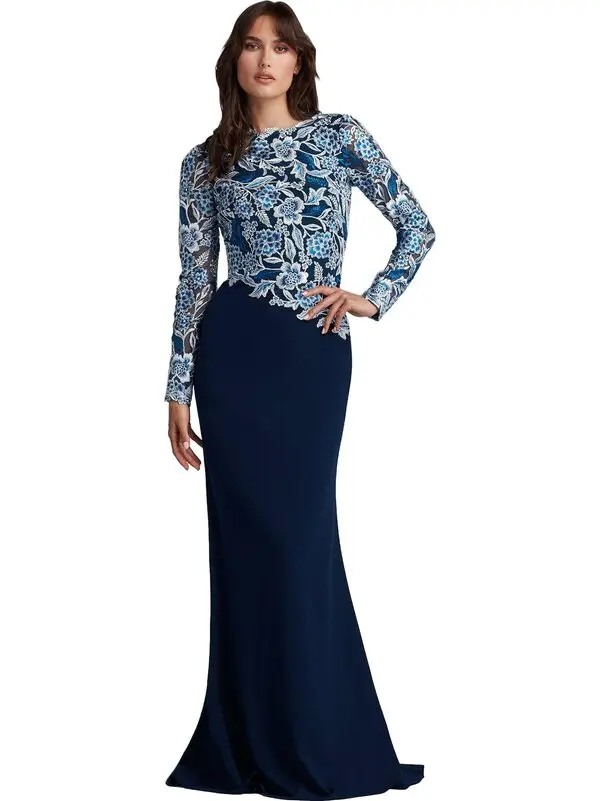 Tadashi Shoji Breece Embroidered Tulle Contrast Gown - Pacific Blue