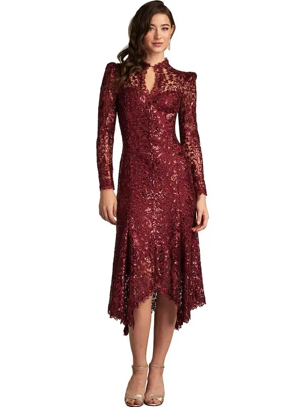 Tadashi Shoji Heiss Sequin Embroidered Illusion Midi Dress - Pomegranate