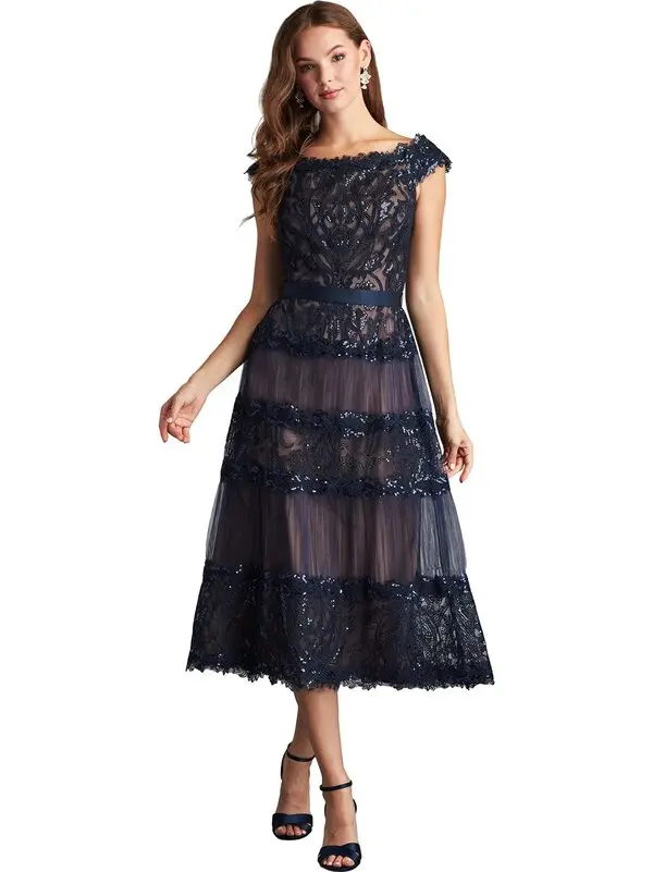 Tadashi Shoji Zaira Tiered Tulle Dress - Navy/nude