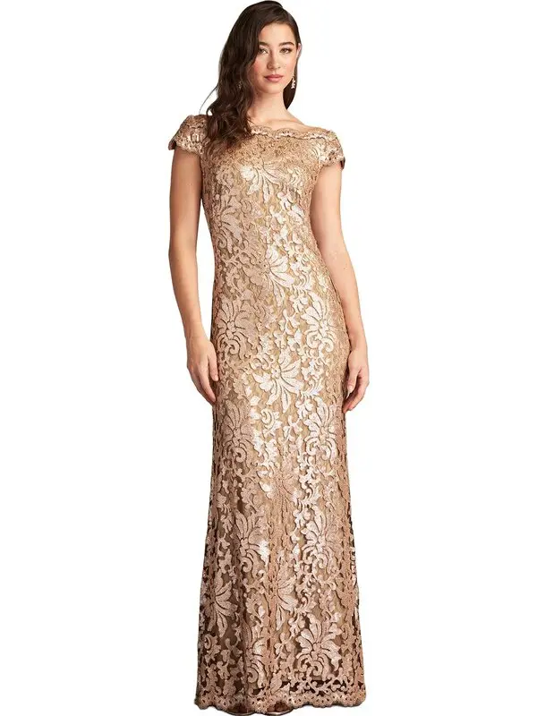 Tadashi Shoji Paillette Embroidered Off Shoulder Gown - Ginseng