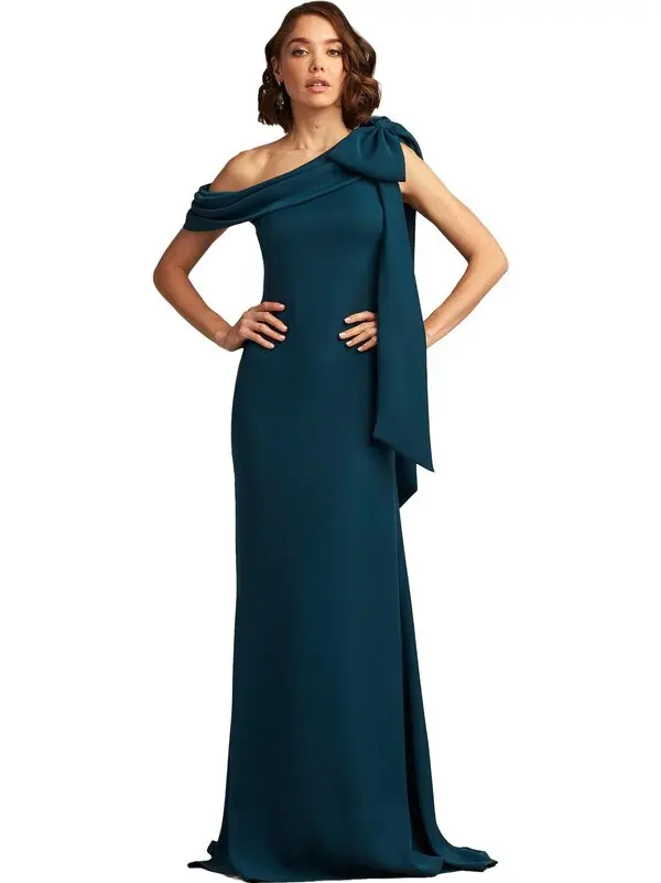 Tadashi Shoji Cassia Bow-shoulder Crepe Gown - Eclipse