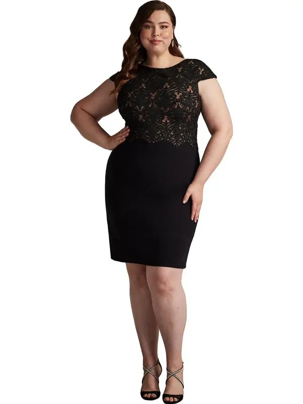 Tadashi Shoji Beal Embroidered Tulle & Crepe Dress Plus Size - Black/nude