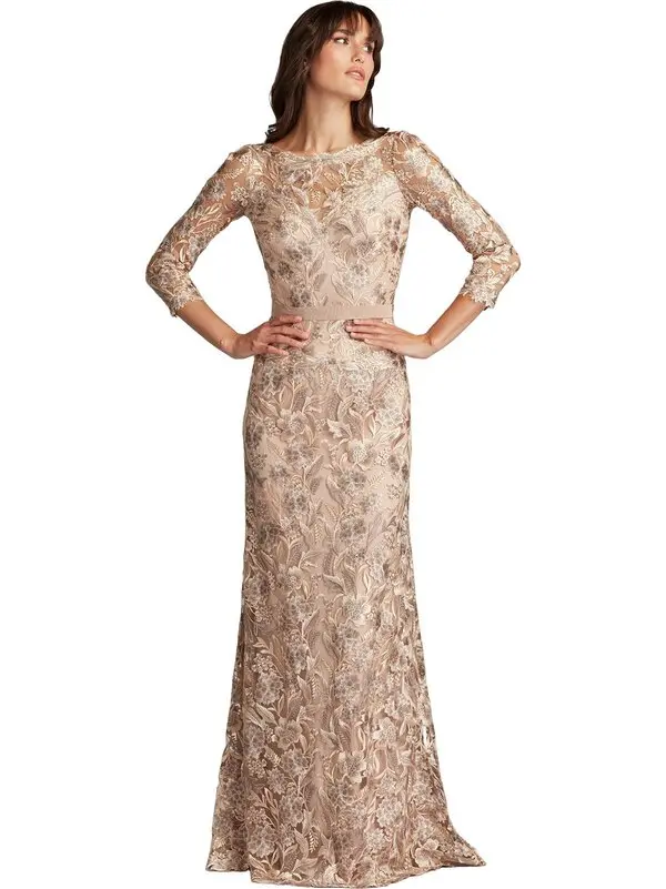 Tadashi Shoji Marcel Embroidered Illusion Gown - Pebble