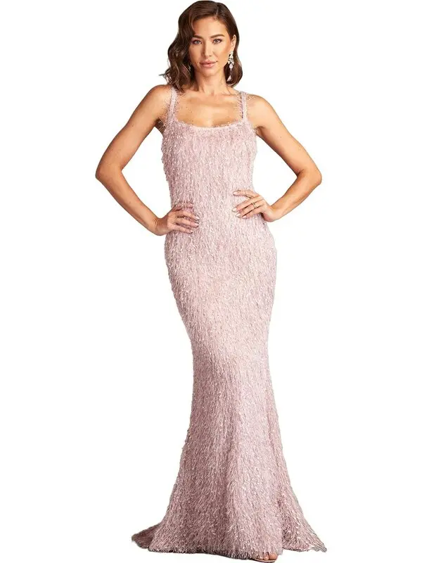 Tadashi Shoji Eyelash Yarn Spaghetti Strap Gown - Mauve