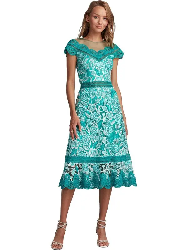 Tadashi Shoji Nance Banded Scalloped Lace Dress - Cool Aqua