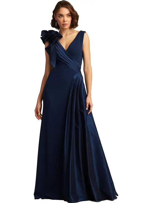 Tadashi Shoji Barlowe Ruffled Shoulder Draped Crepe Gown - Navy