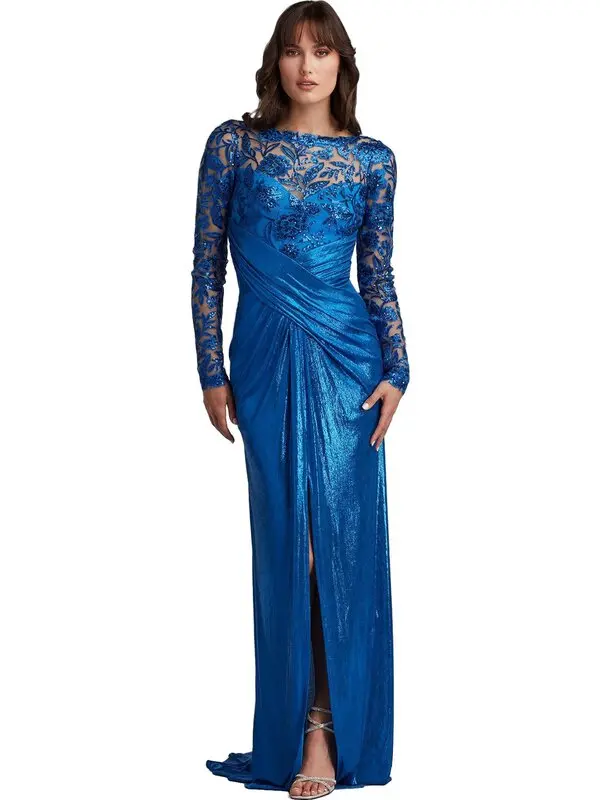 Tadashi Shoji Veder Draped Illusion Gown - Pacific Blue
