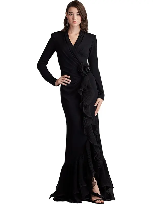 Tadashi Shoji Malone Cascading Ruffle Gown - Black