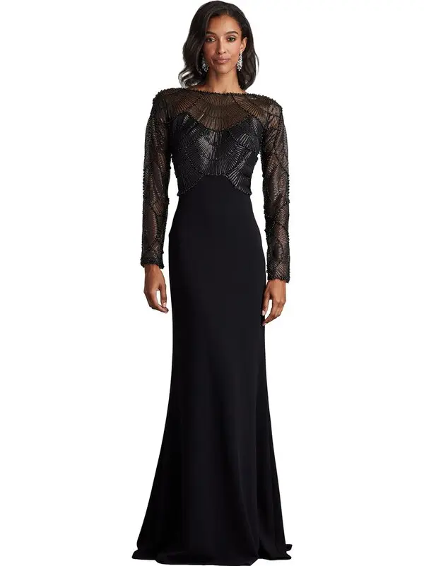 Tadashi Shoji Destiny Long-sleeve Embellished Gown - Black/nude