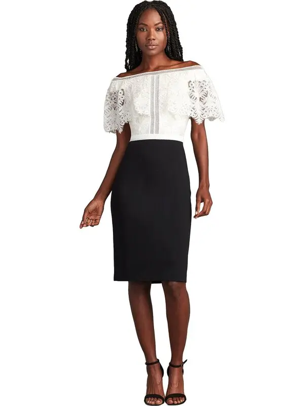 Tadashi Shoji Anders Embroidered Flutter Overlay Dress - Ivory/black