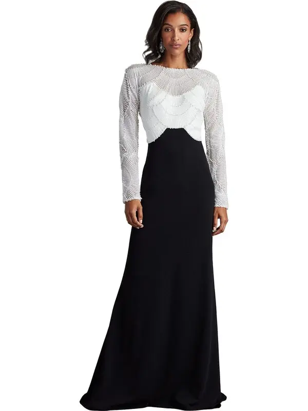 Tadashi Shoji Destiny Long Sleeve Embellished Gown - Ivory/black