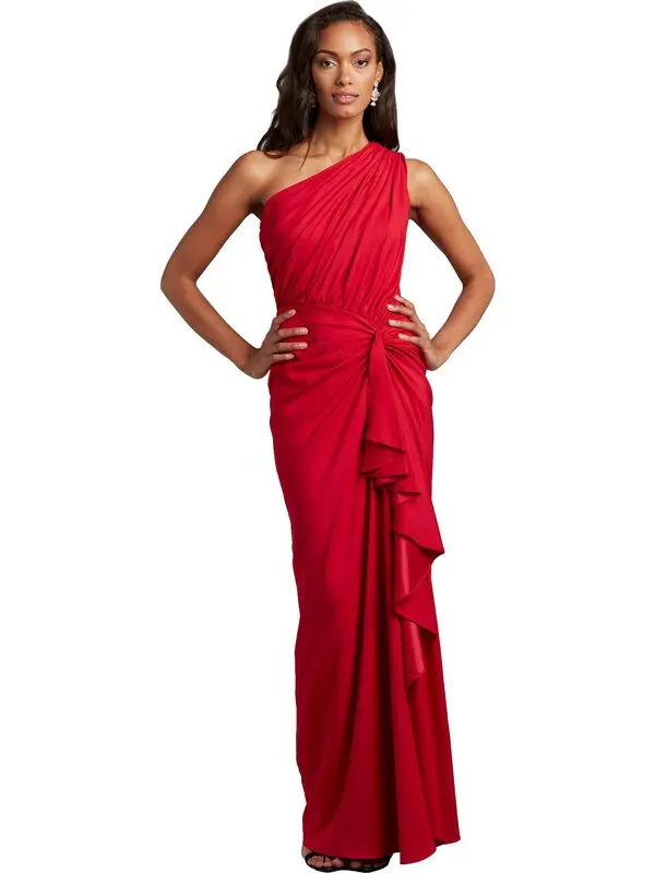 Tadashi Shoji Lena Waterfall Drape Gown - Pop Red