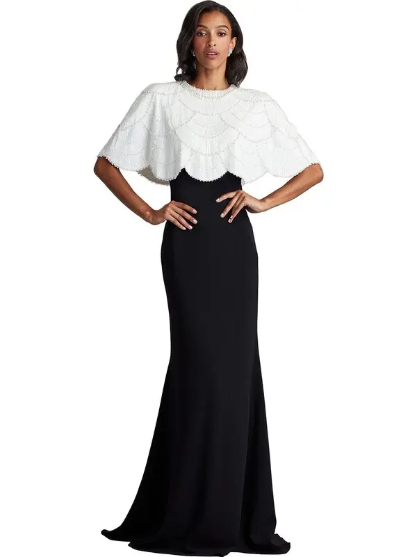 Tadashi Shoji Reba Embellished Cape Overlay Gown - Ivory/black