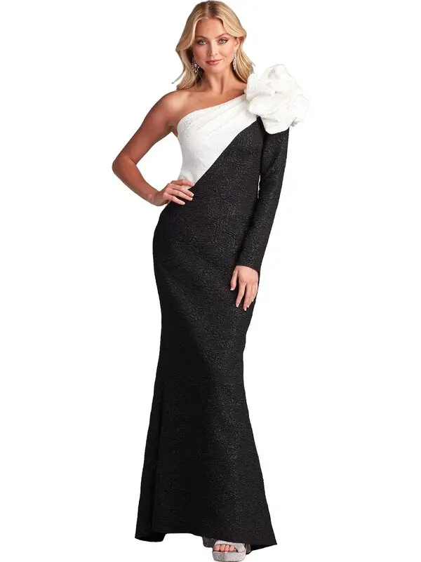 Tadashi Shoji Markey One-shoulder Puff-sleeve Gown - Ivory/black