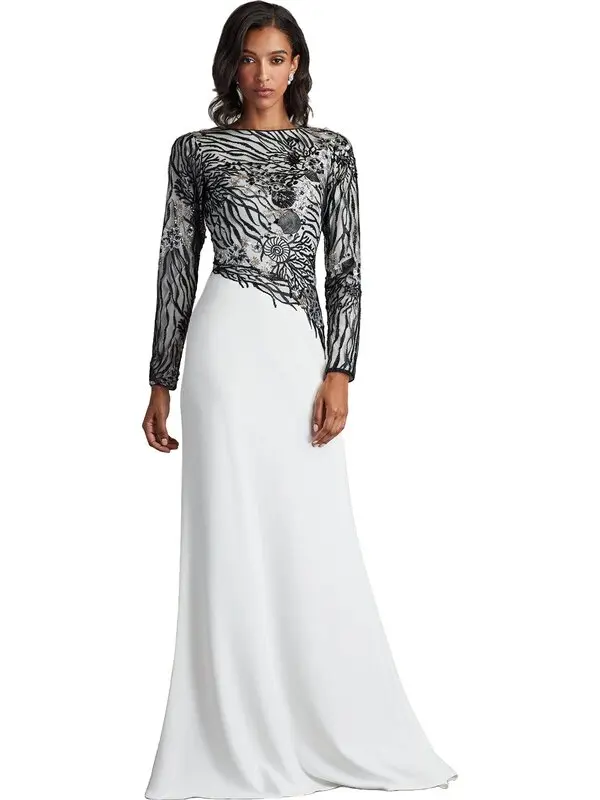 Tadashi Shoji Wade Sea Embroidered Crepe Gown - Black/ivory