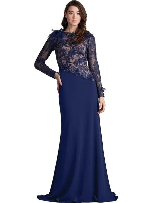 Tadashi Shoji Bryony Floral Embellished Illusion Dress - Notte/nude