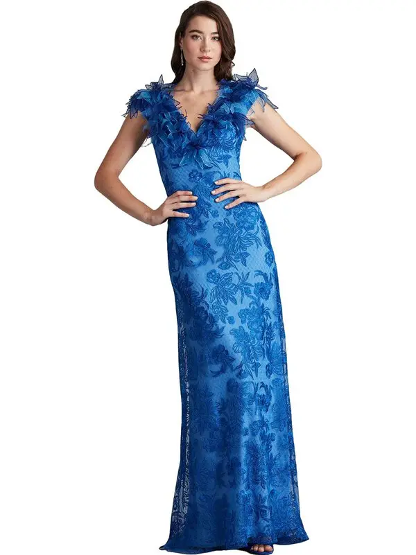 Tadashi Shoji Liana Floral Embellished Gown - Pacific Blue