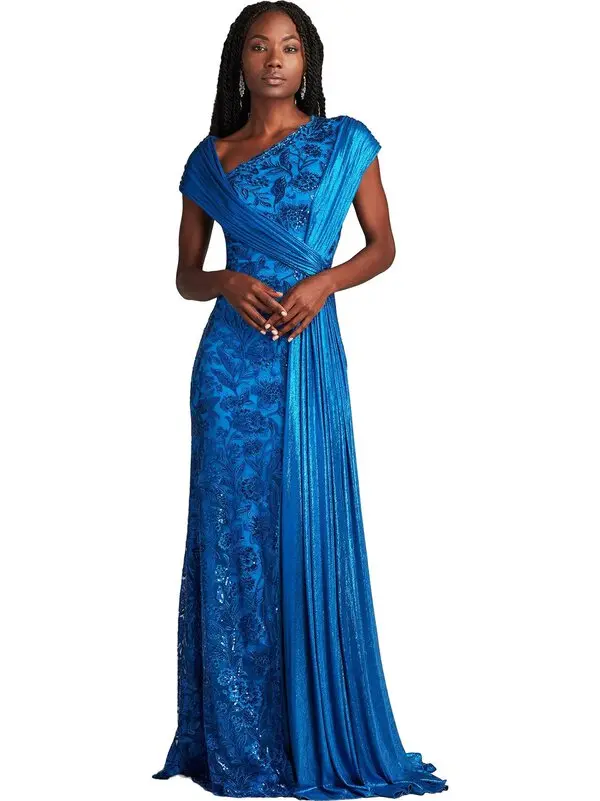 Tadashi Shoji Chantelle Sequin Embroidered Draped Sash Gown - Pacific Blue