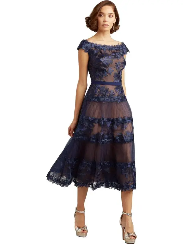 Tadashi Shoji Adriane Floral Embroidered Tea-length Dress - Navy/nude