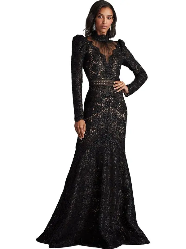 Tadashi Shoji Enzo Sequin Embroidered High Neck Illusion Gown - Black/nude